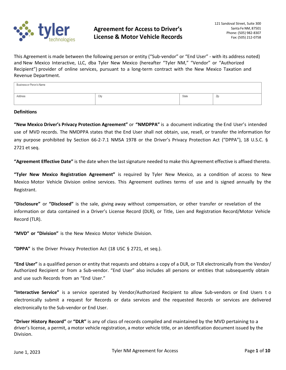 New Mexico Agreement for Access to Driver's License & Motor Vehicle ...
