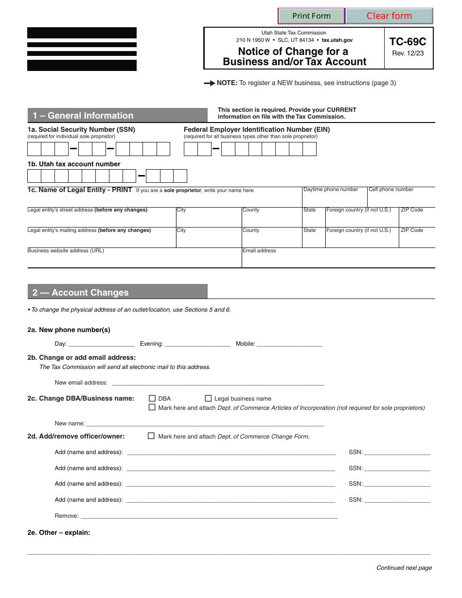 Form TC-69C Download Fillable PDF or Fill Online Notice of Change for a ...