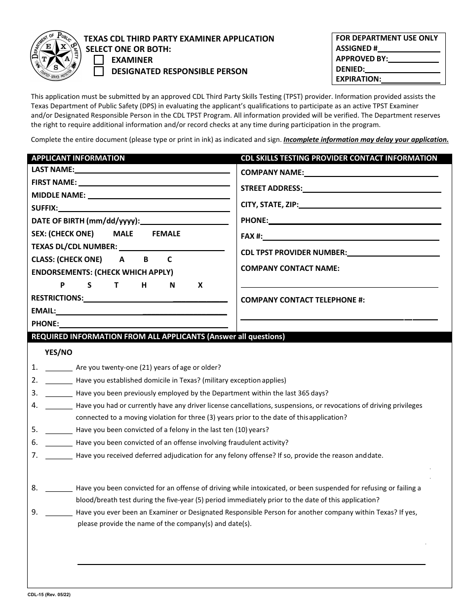 Form CDL-15 Download Fillable PDF or Fill Online Texas Cdl Third Party ...
