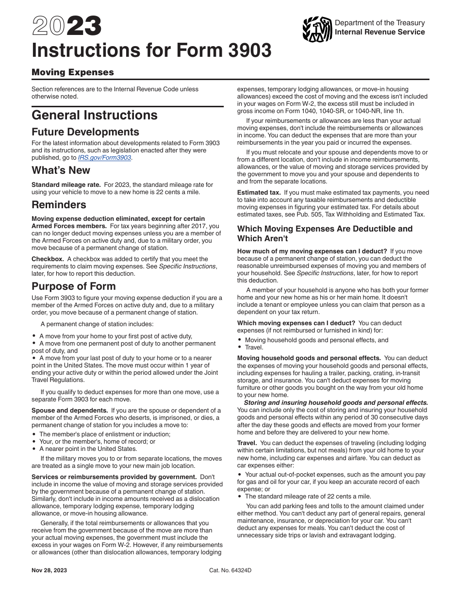 Download Instructions for IRS Form 3903 Moving Expenses PDF, 2023 2018 ...