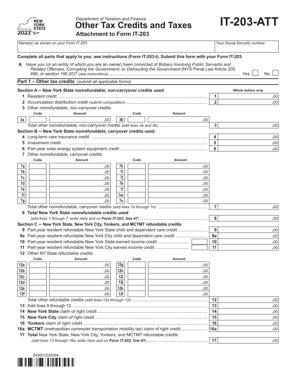 Form IT-203-ATT Download Fillable PDF or Fill Online Other Tax Credits ...