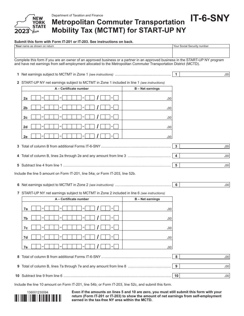 Form IT-6-SNY - 2023 - Fill Out, Sign Online and Download Fillable PDF ...