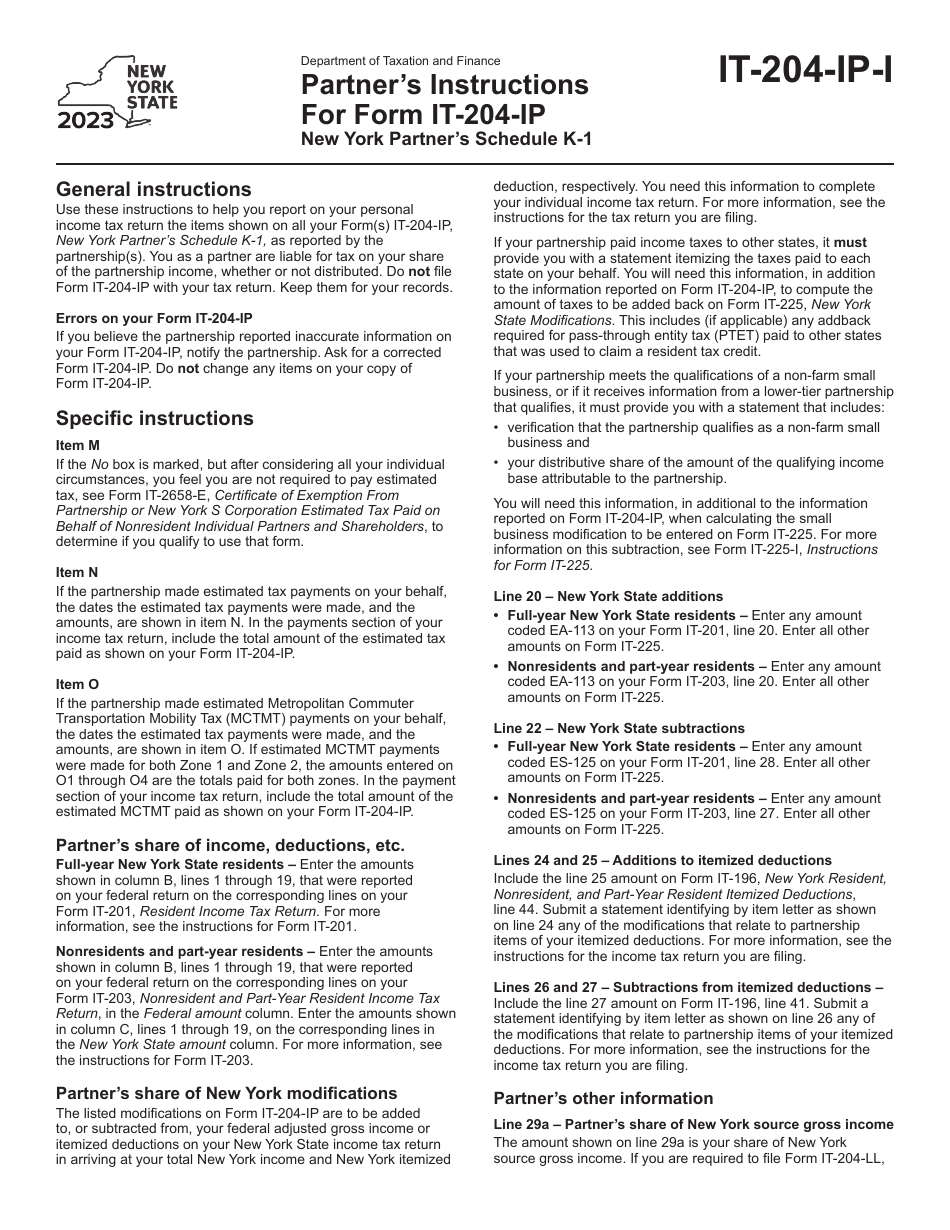 Download Instructions for Form IT-204-IP Schedule K-1 New York Partner ...