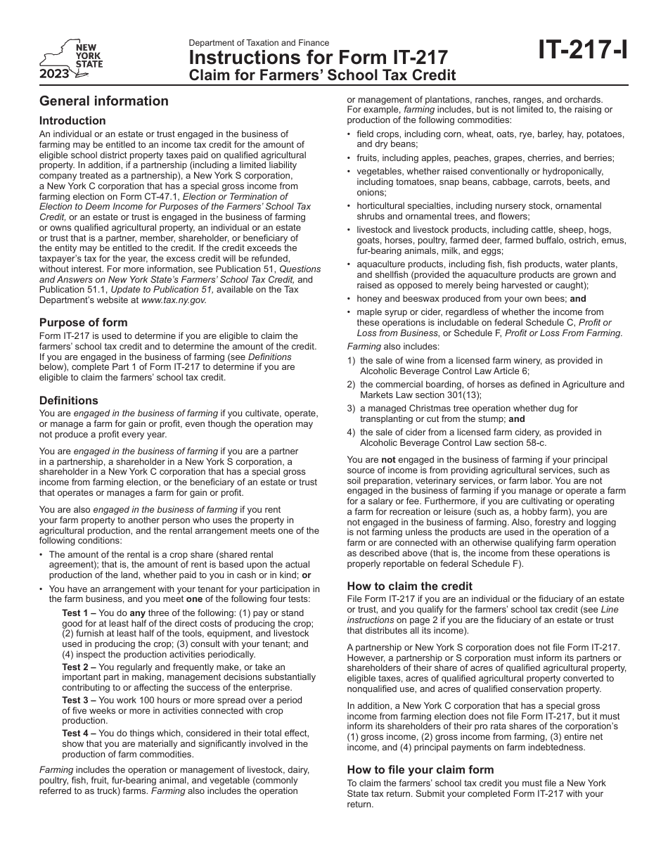 Download Instructions for Form IT-217 Claim for Farmers' School Tax ...