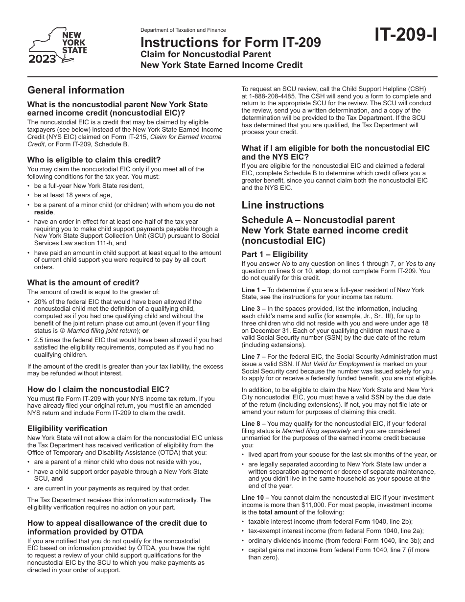 Download Instructions for Form IT-209 Claim for Noncustodial Parent New ...
