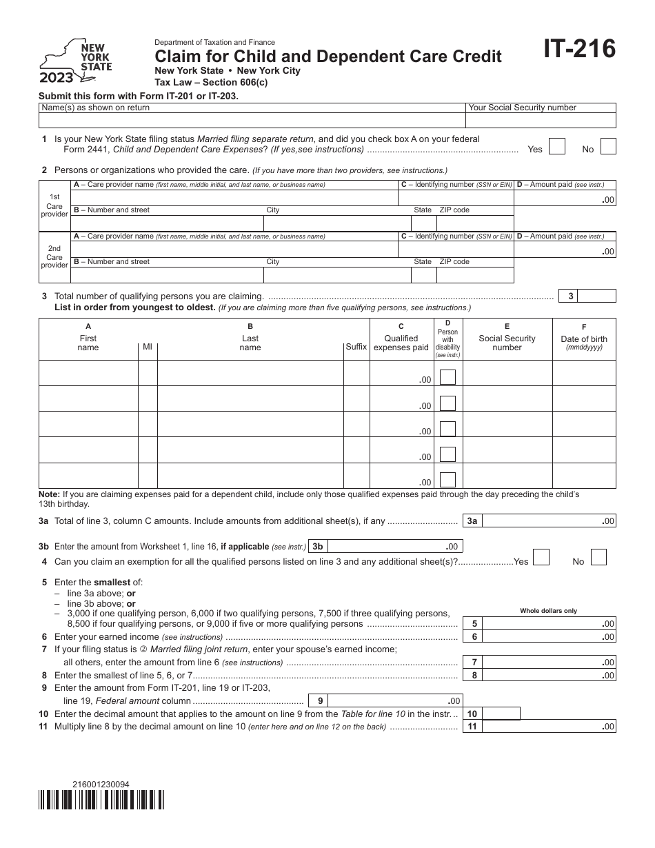 Form IT-216 Download Fillable PDF or Fill Online Claim for Child and ...