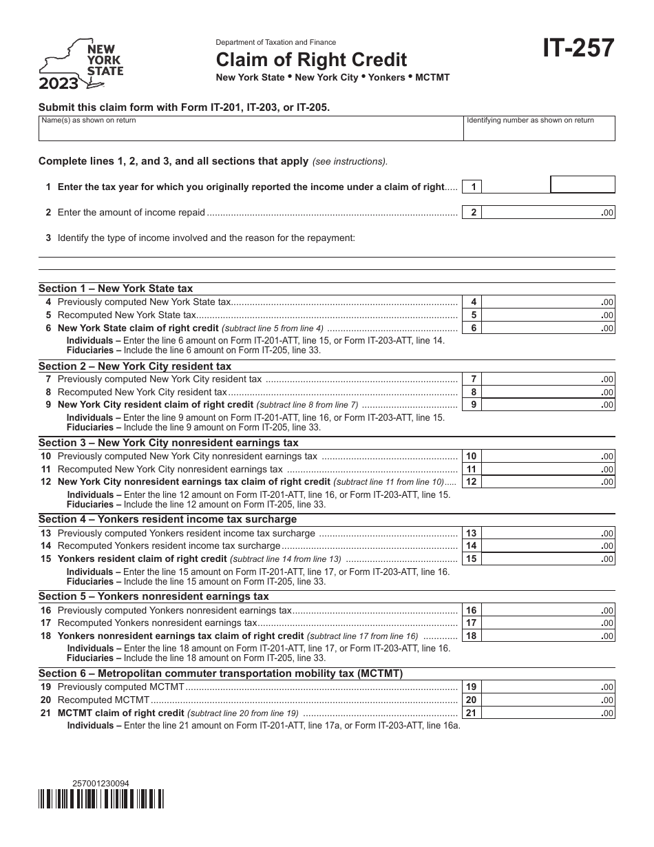 Form IT-257 Download Fillable PDF or Fill Online Claim of Right Credit ...