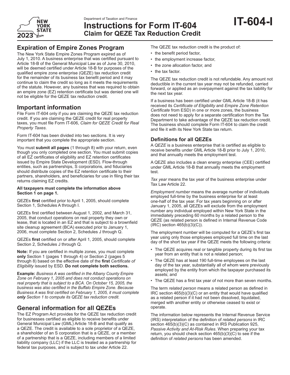 Download Instructions for Form IT-604 Claim for Qeze Tax Reduction ...