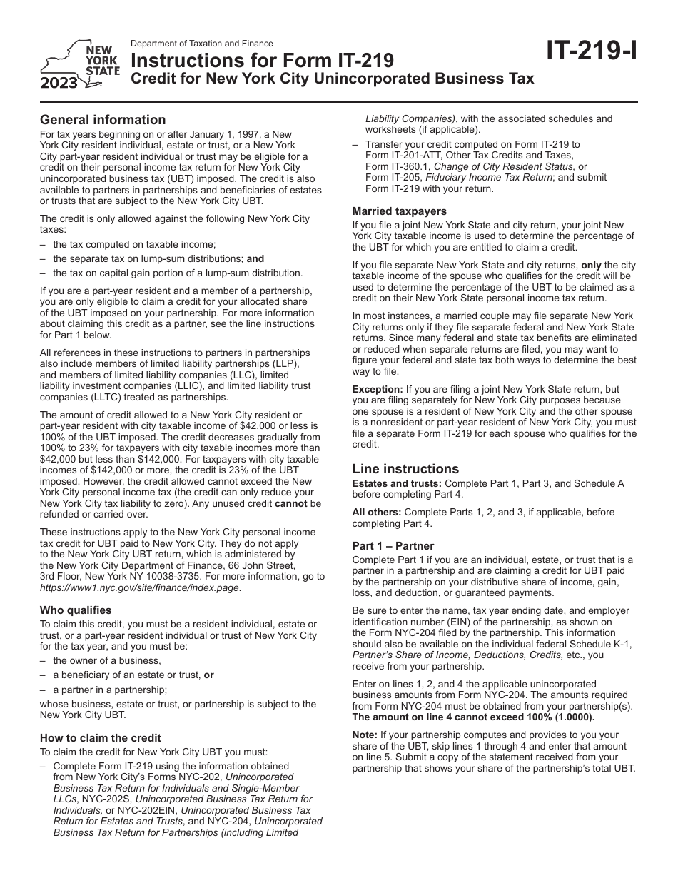 Download Instructions for Form IT-219 Credit for New York City ...