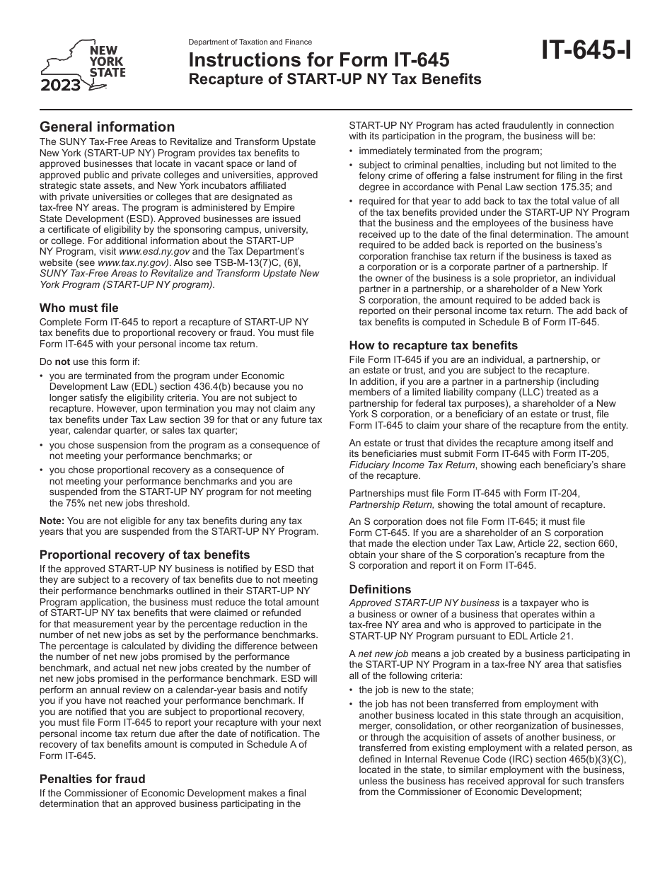 Download Instructions for Form IT-645 Recapture of Start-Up Ny Tax ...