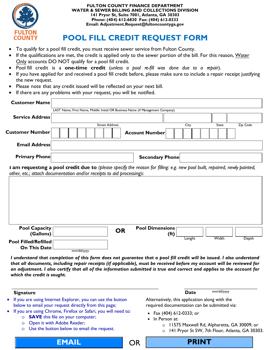 Fulton County, Georgia (United States) Pool Fill Credit Request Form ...