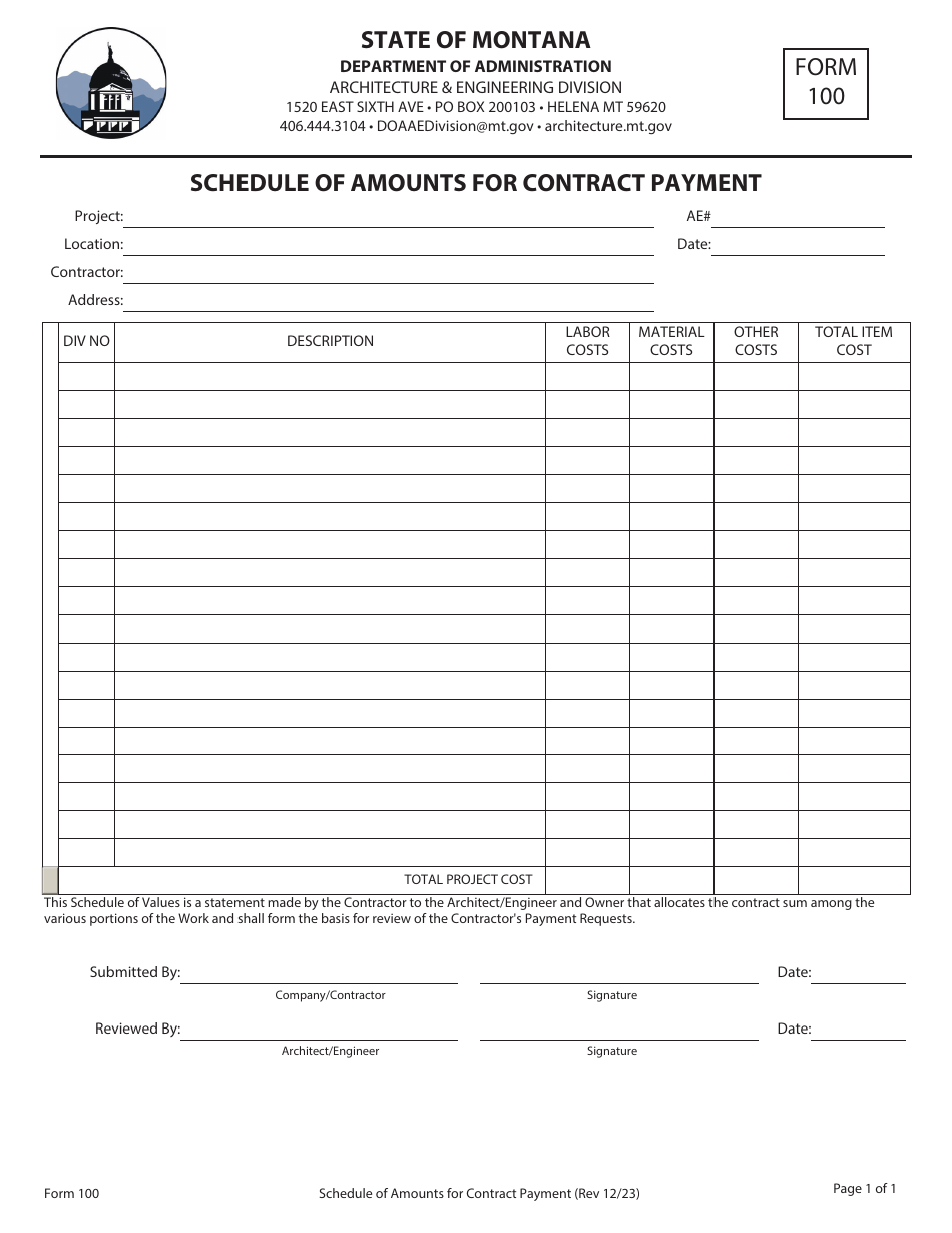 Form 100 Download Fillable PDF or Fill Online Schedule of Amounts for ...