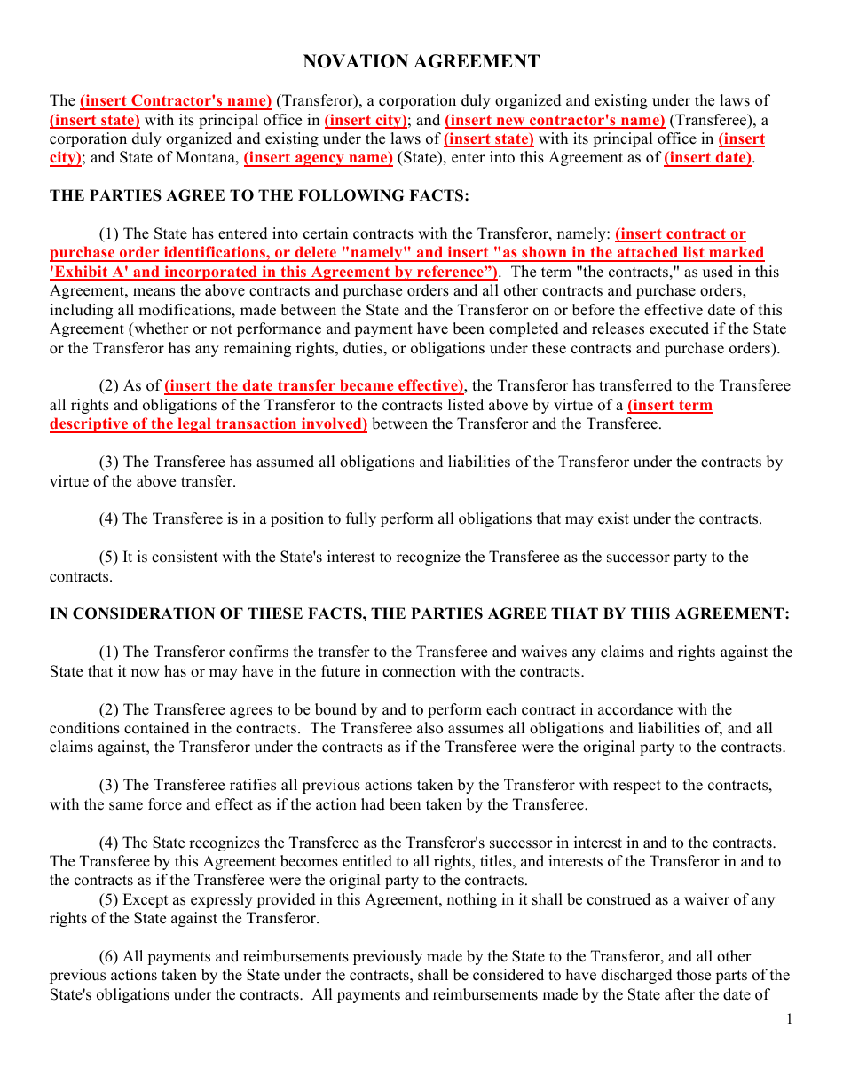 Montana Novation Assignment Agreement - Fill Out, Sign Online and ...
