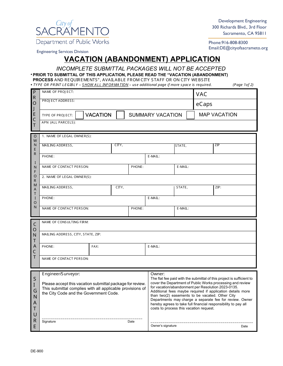 Form DE-900 - Fill Out, Sign Online and Download Fillable PDF, City of Sacramento, California ...