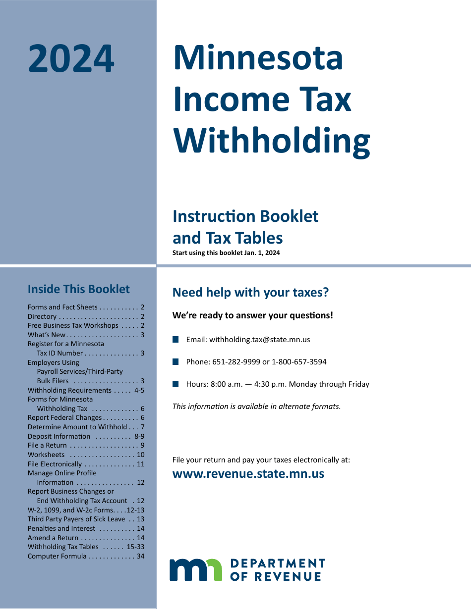 2024 Minnesota Minnesota Income Tax Withholding Instruction Booklet ...
