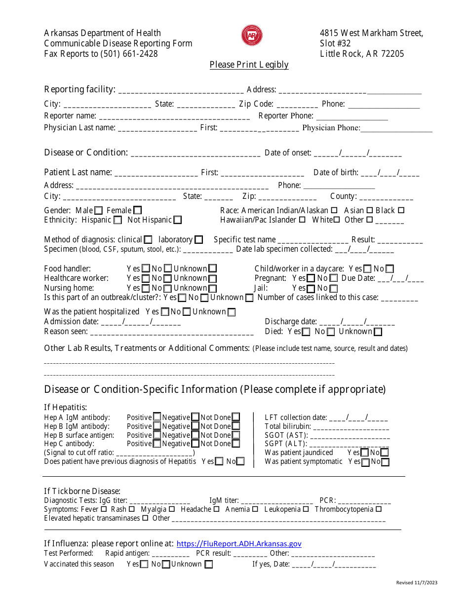 Arkansas Communicable Disease Reporting Form Download Fillable PDF 2022 ...