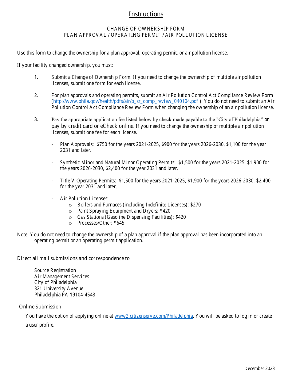 City of Philadelphia, Pennsylvania Change of Ownership Form - Plan ...