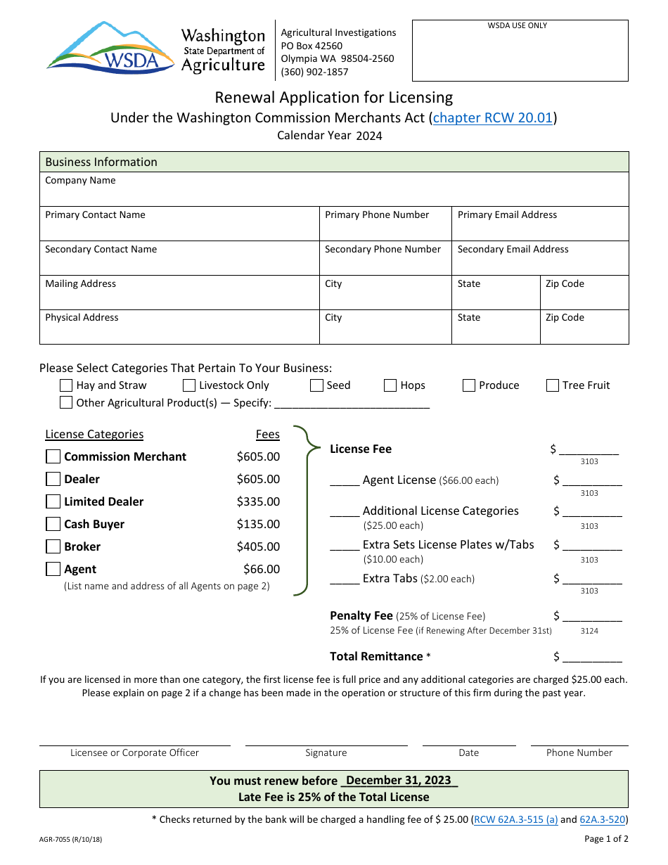 Form AGR-7055 Download Fillable PDF or Fill Online Renewal Application ...