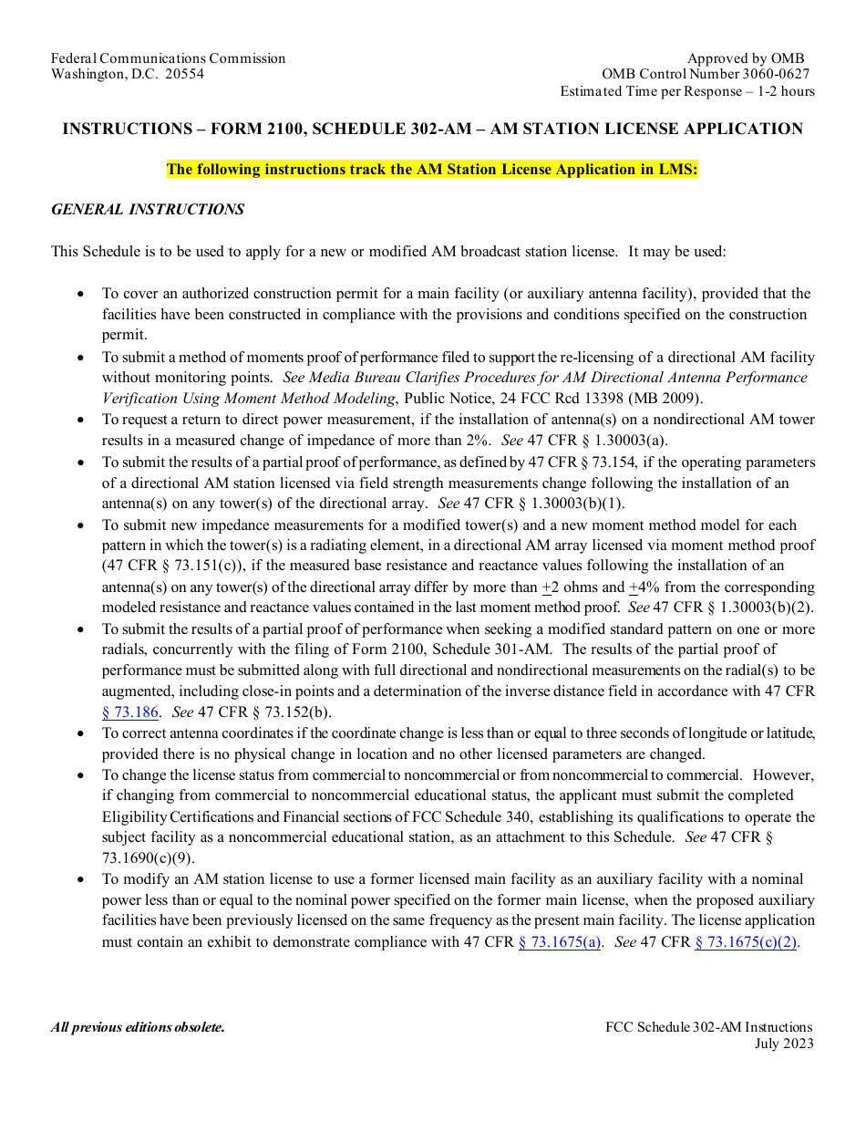Download Instructions for FCC Form 2100 Schedule 302-AM Am Station ...