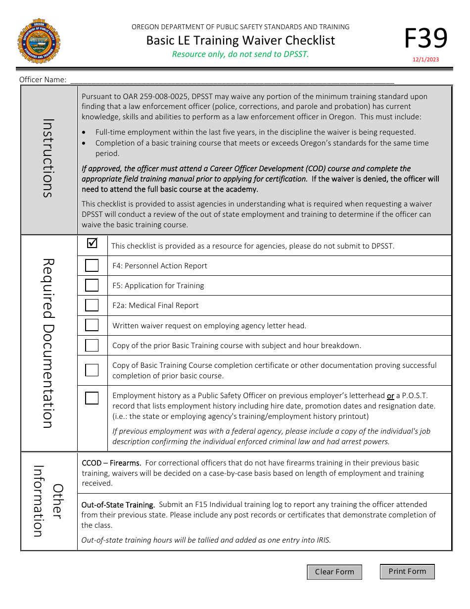 Form F39 - Fill Out, Sign Online and Download Fillable PDF, Oregon ...