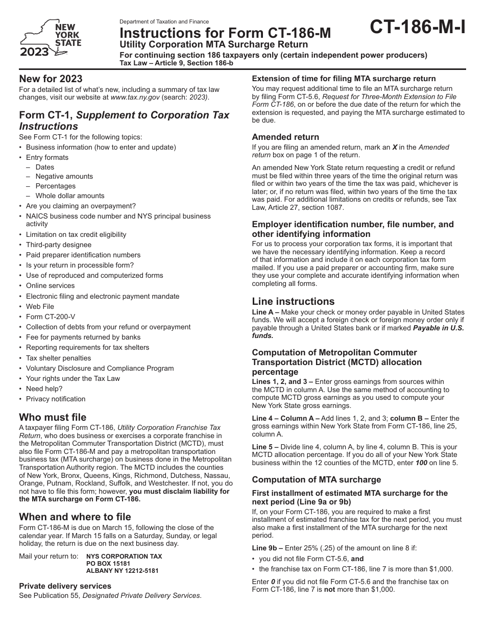 Download Instructions for Form CT-186-M Utility Corporation Mta ...