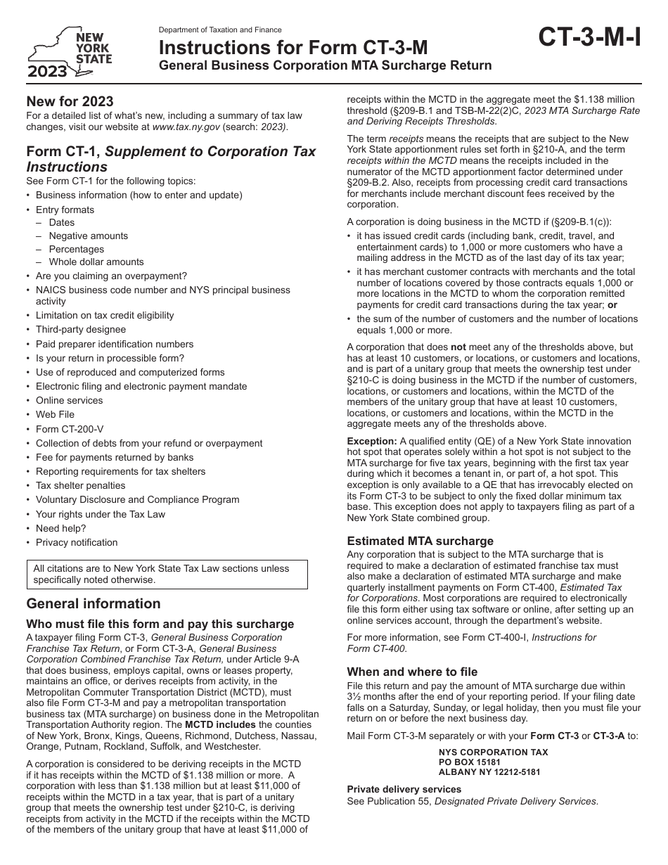 Download Instructions for Form CT-3-M General Business Corporation Mta ...