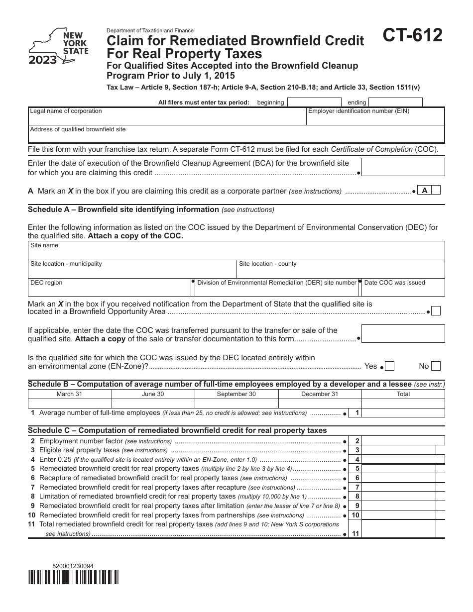 Form CT-612 Download Printable PDF or Fill Online Claim for Remediated Brownfield Credit for ...