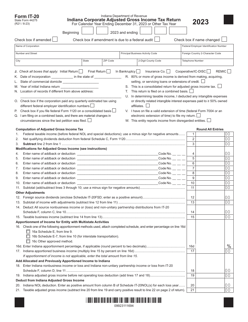 Form IT-20 (State Form 44275) Download Fillable PDF or Fill Online ...