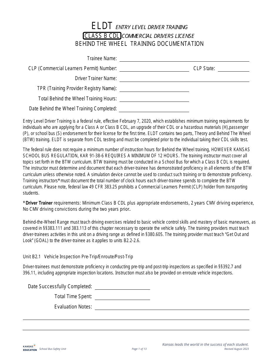 Kansas Class B Cdl Plus P & S Endorsement - Behind the Wheel Training ...