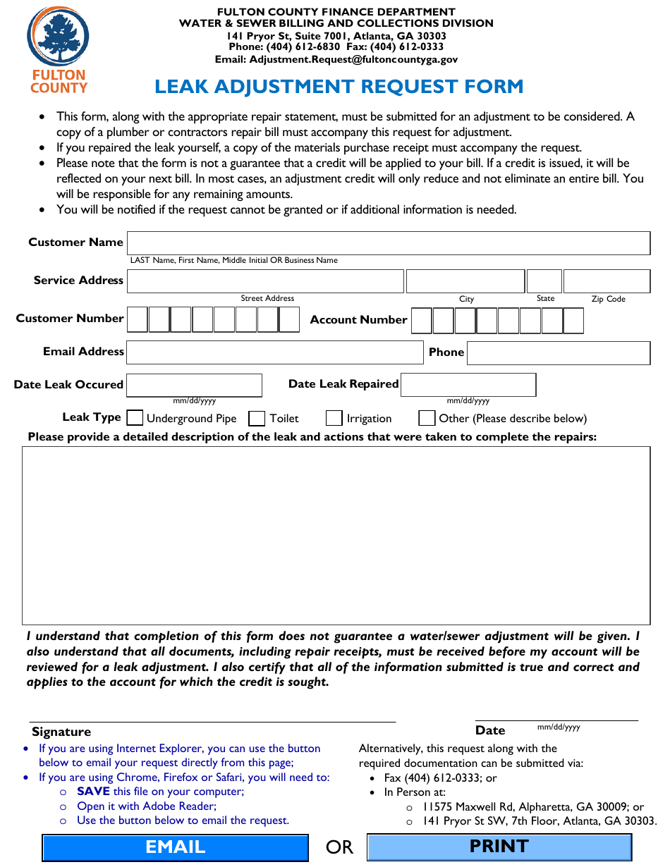 Fulton County, Georgia (United States) Leak Adjustment Request Form ...