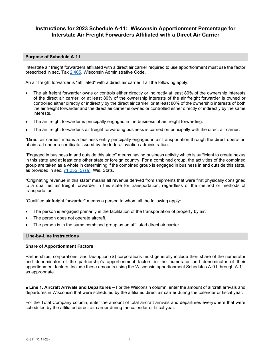 Download Instructions for Form IC-309 Schedule A-11 Wisconsin ...