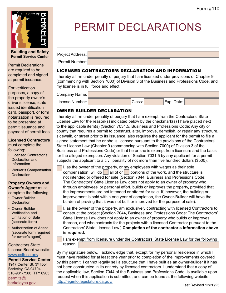 Form 110 Download Fillable PDF or Fill Online Permit Declarations, City ...