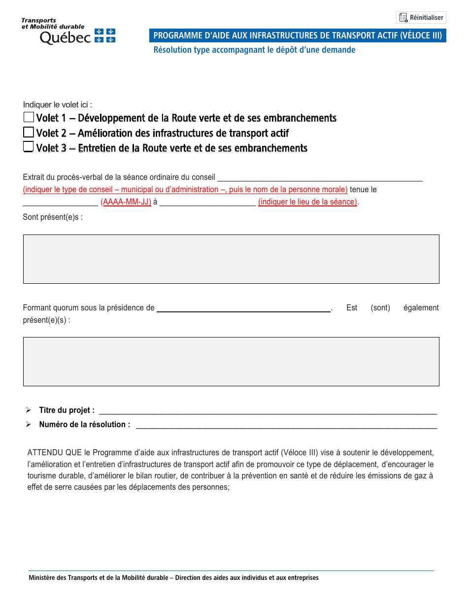 Quebec Canada Resolution Type Accompagnant Le Depot D'une Demande ...