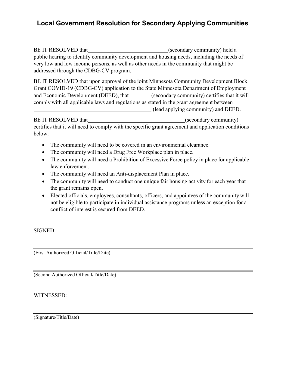 Minnesota Local Government Resolution for Secondary Applying ...