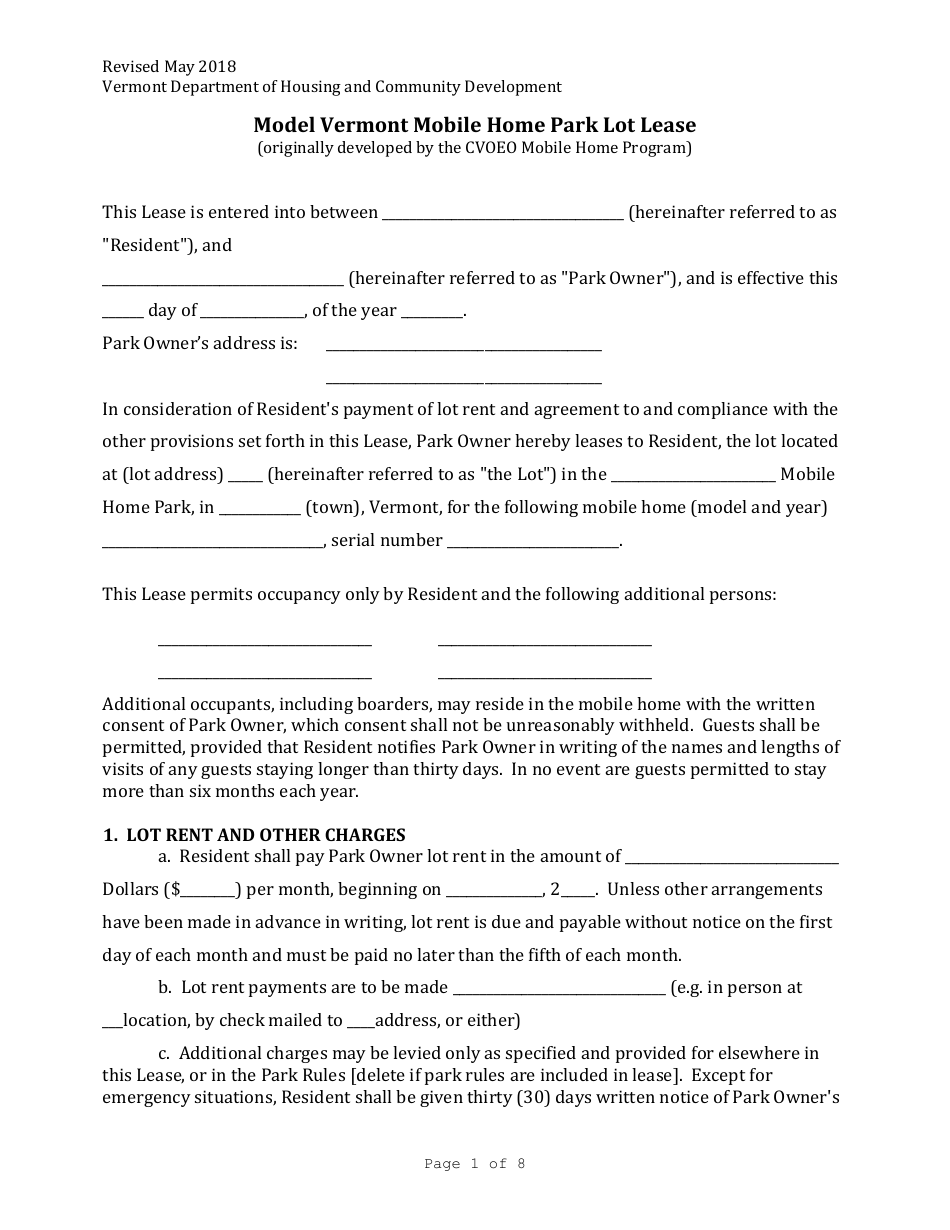 Vermont Model Vermont Mobile Home Park Lot Lease - Fill Out, Sign ...