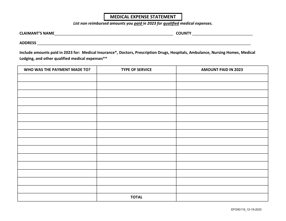 Form EFO00119 Download Printable PDF or Fill Online Medical Expense ...