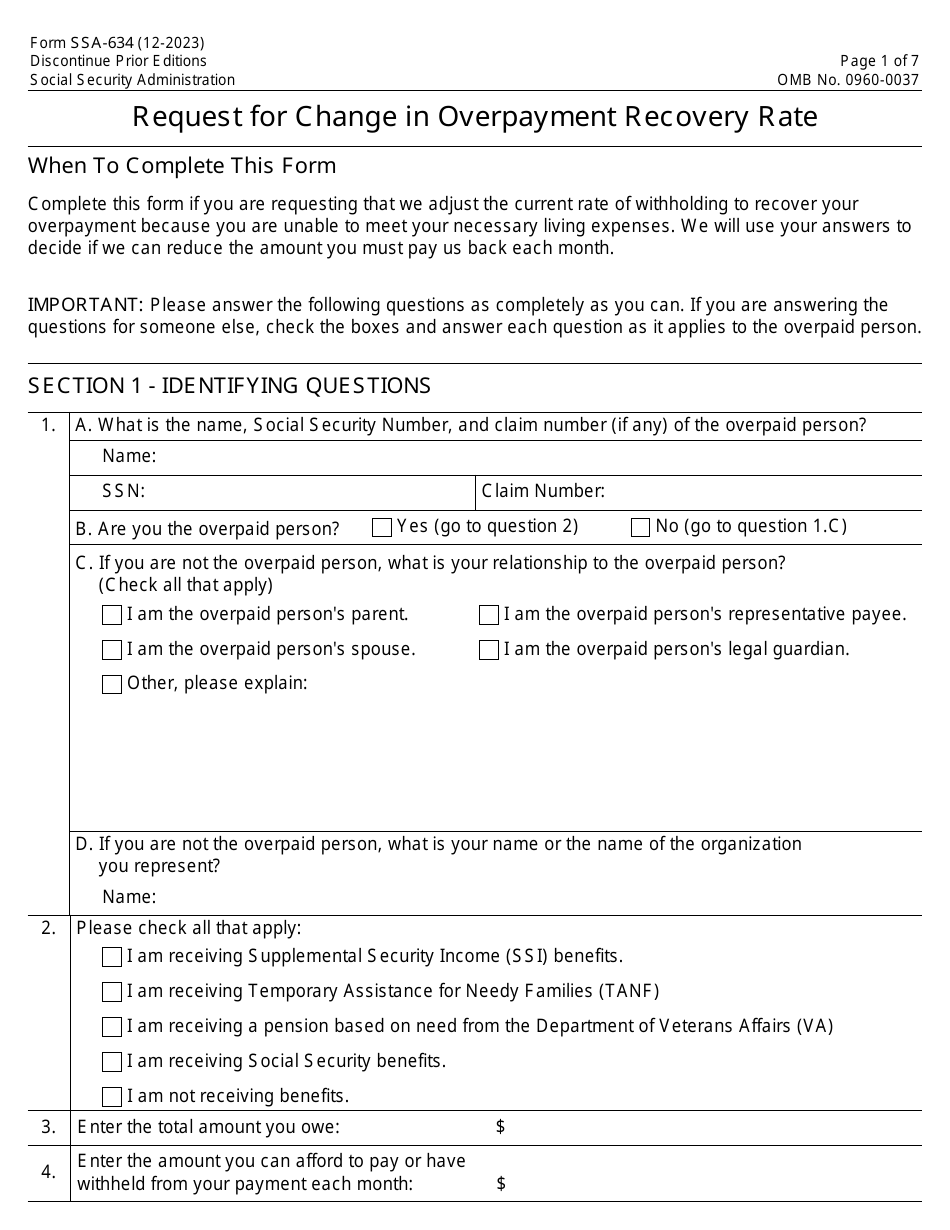 Form SSA-634 Download Fillable PDF or Fill Online Request for Change in ...
