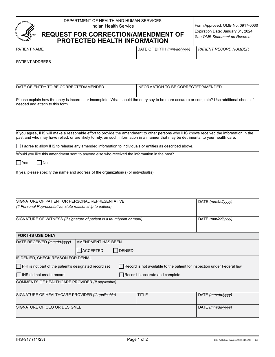 Form IHS-917 Download Fillable PDF or Fill Online Request for Correction/Amendment of Protected ...