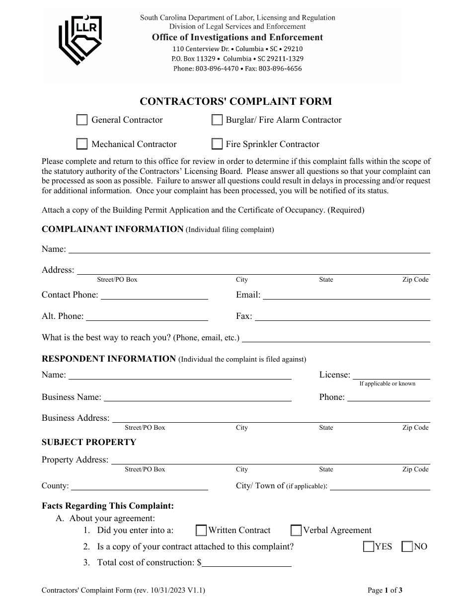 South Carolina Contractors' Complaint Form Download Fillable PDF 2016 ...