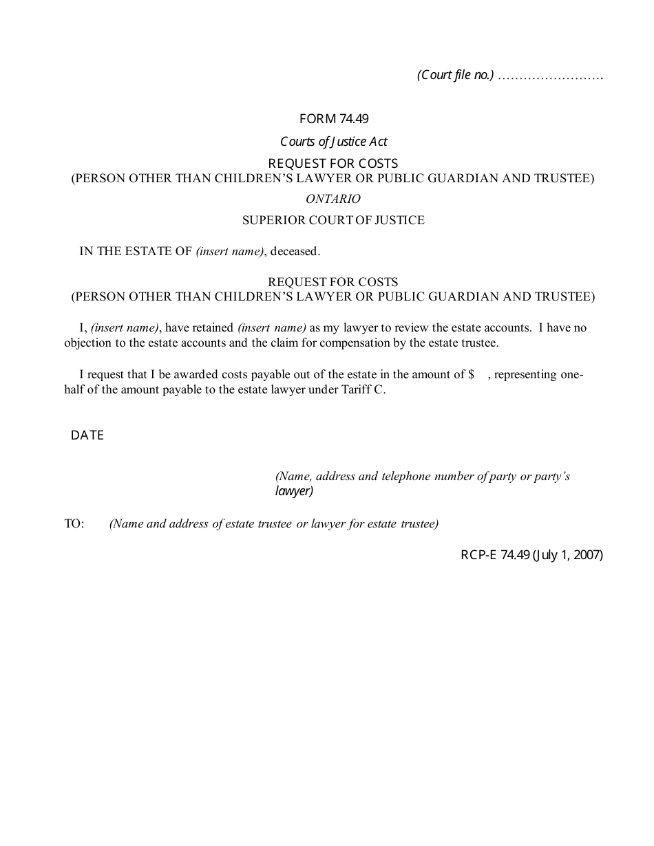 Form 74.49 - Fill Out, Sign Online and Download Printable PDF, Ontario ...
