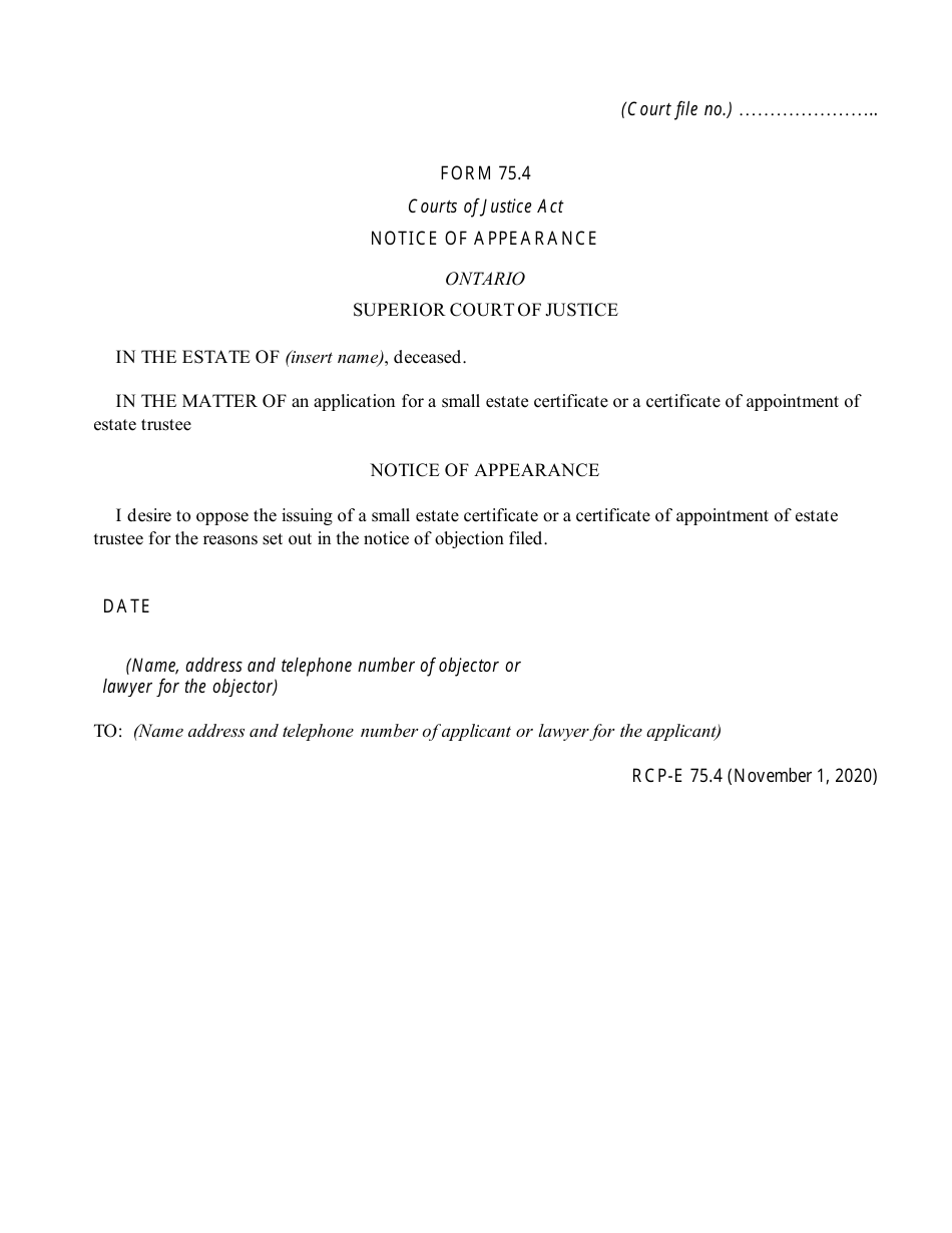 Form 75.4 Download Printable PDF or Fill Online Notice of Appearance ...