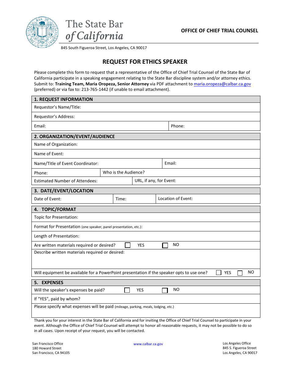 California Request for Ethics Speaker - Fill Out, Sign Online and ...
