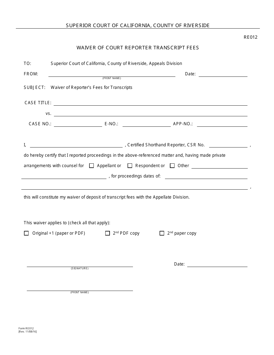 Form RE012 - Fill Out, Sign Online and Download Fillable PDF, County of ...