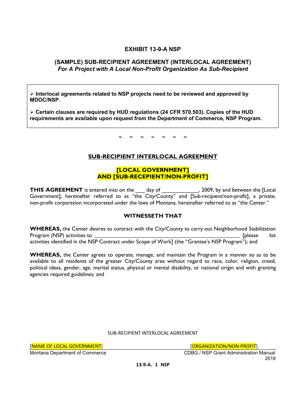 Montana Sub-recipient Agreement (Interlocal Agreement) for a Project ...