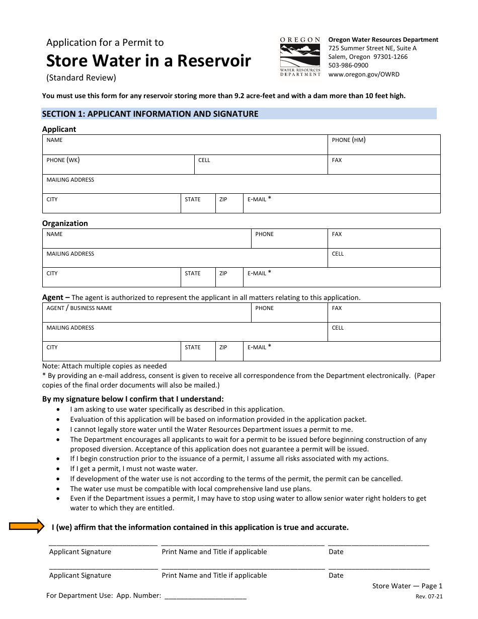 Oregon Application for a Permit to Store Water in a Reservoir - Fill ...