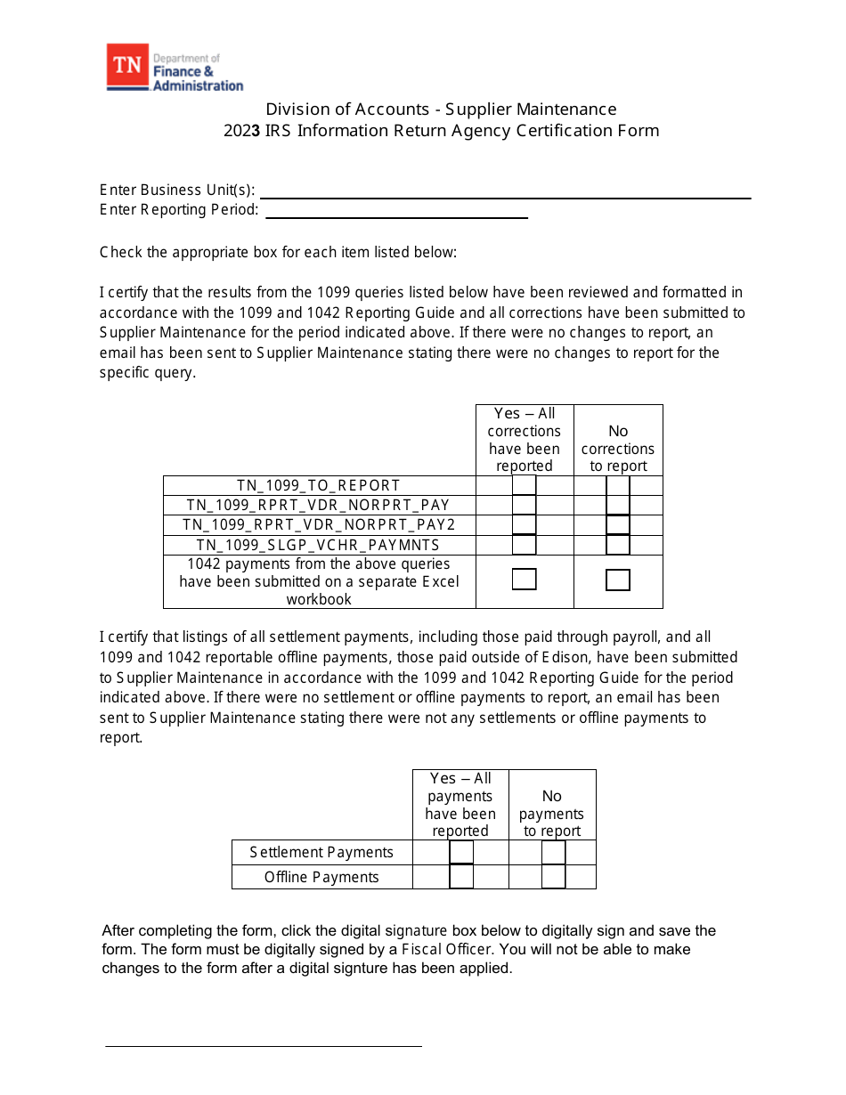 2023 Tennessee IRS Information Return Agency Certification Form ...