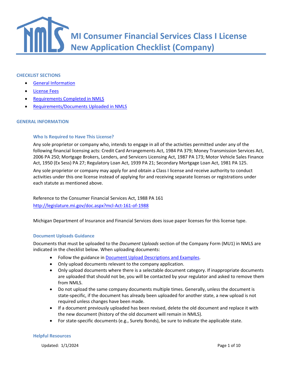 Michigan Mi Consumer Financial Services Class I License New Application ...