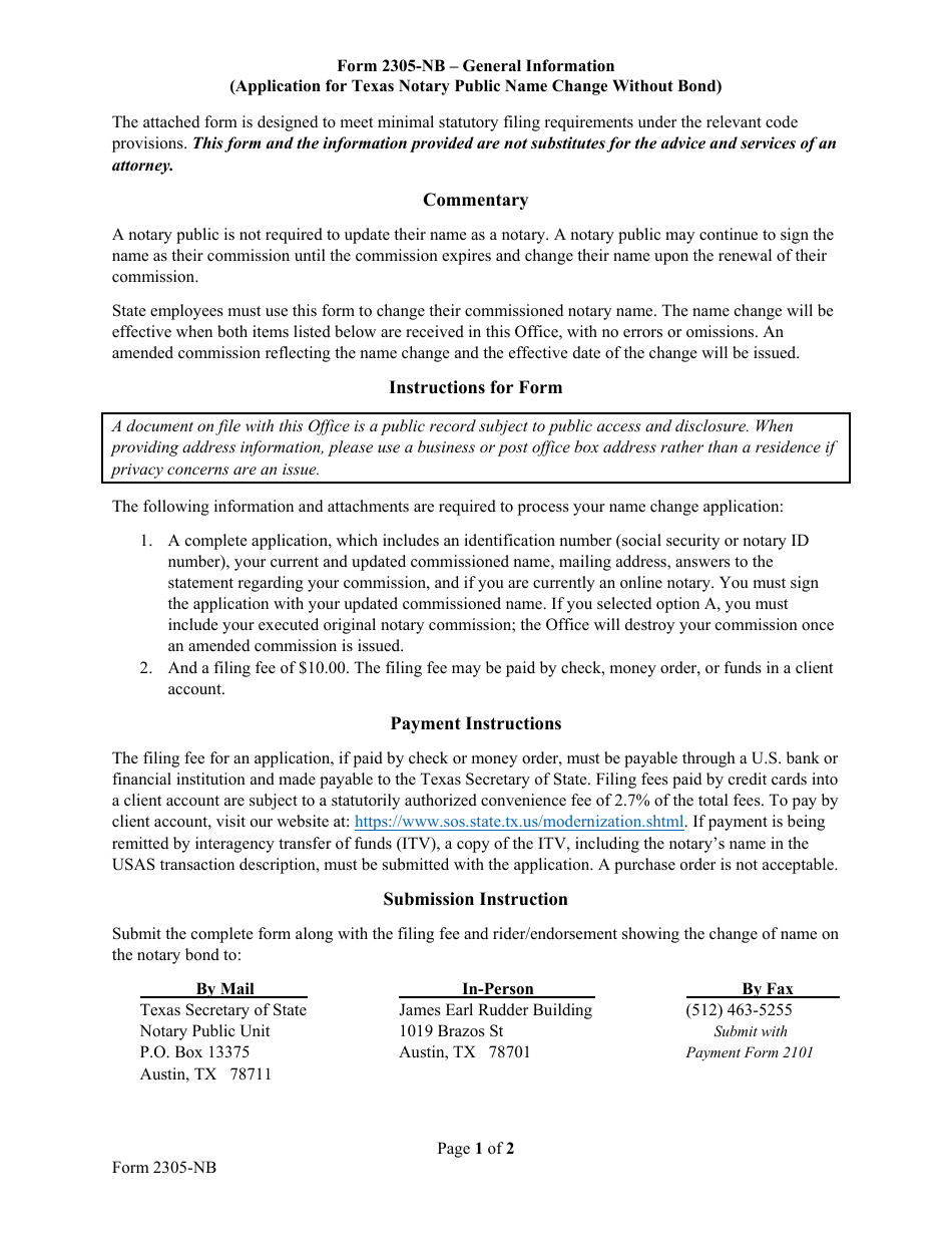 Form 2305-NB Download Fillable PDF or Fill Online Application for Texas ...