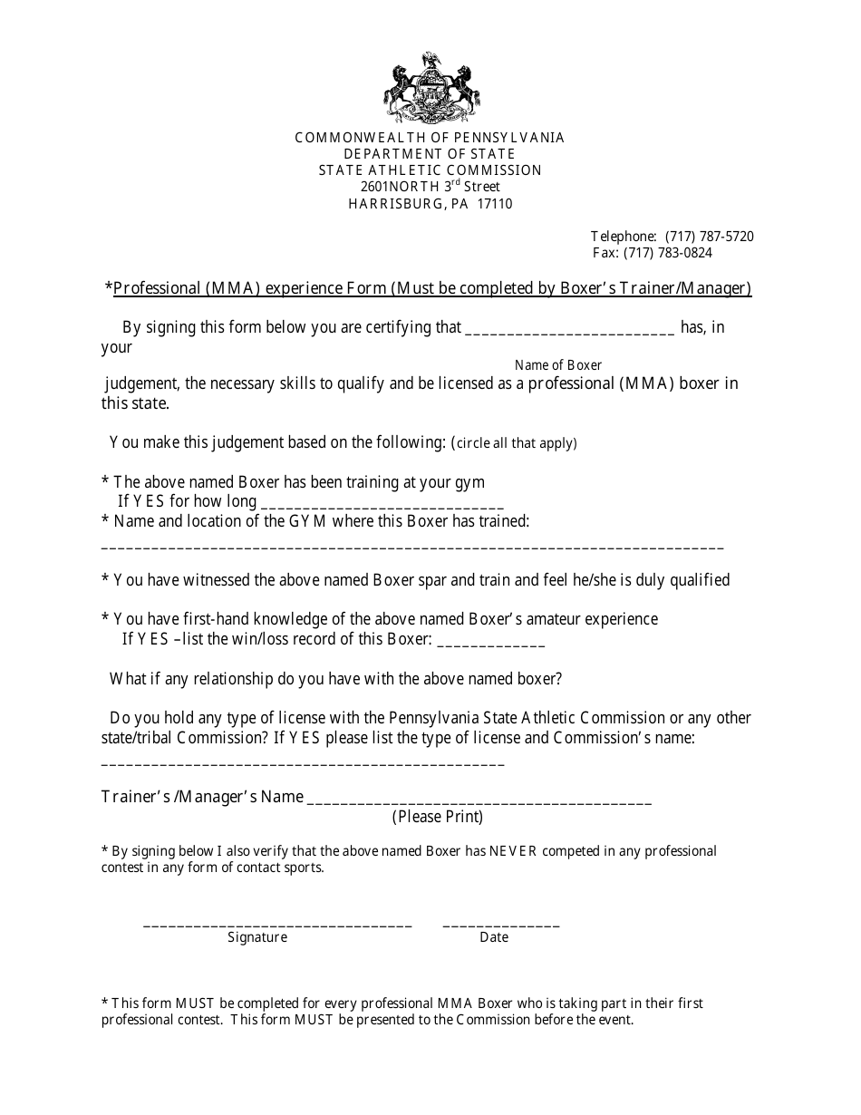 Pennsylvania Professional (Mma) Experience Form - Fill Out, Sign Online ...