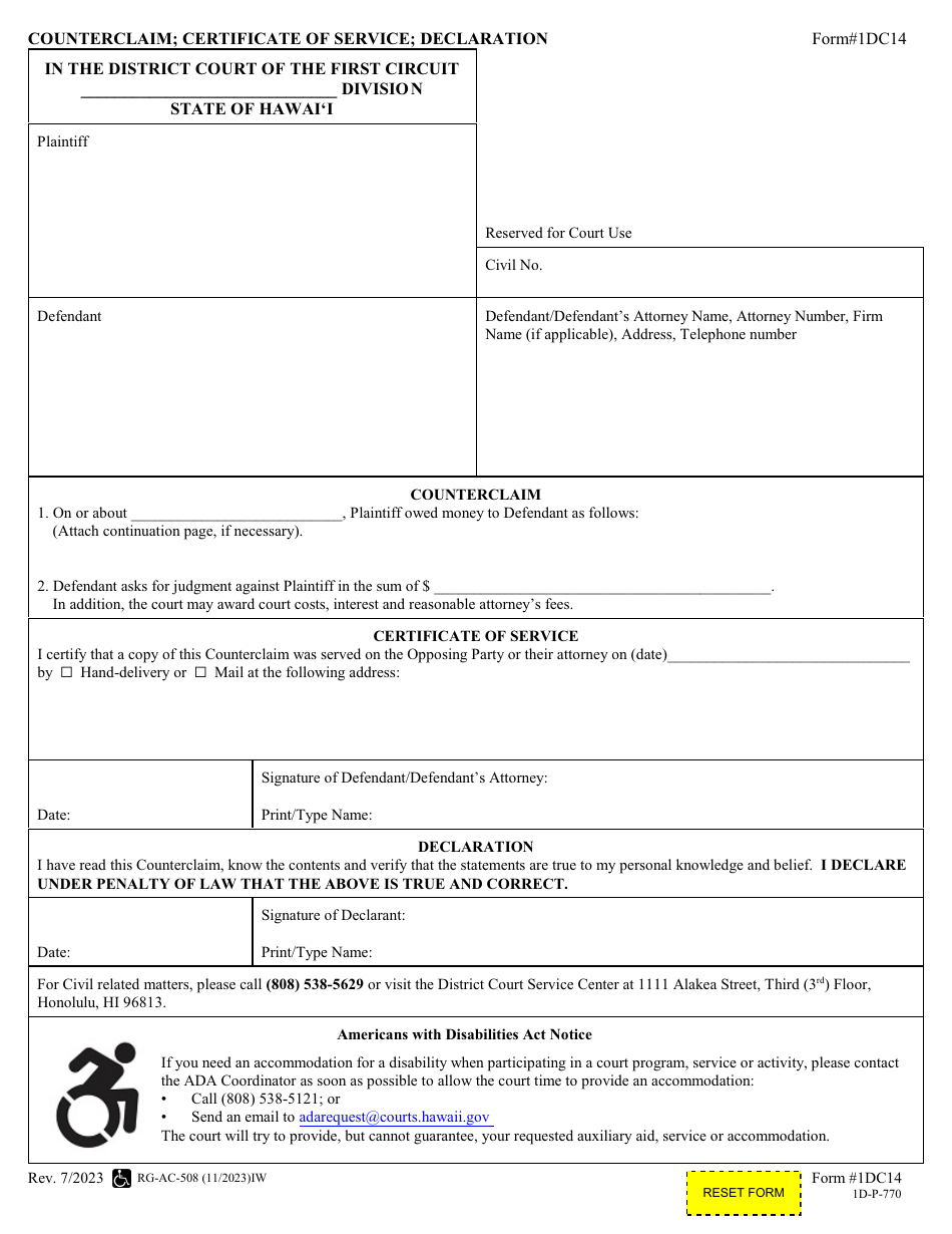 Form 1DC14 Download Fillable PDF or Fill Online Counterclaim ...